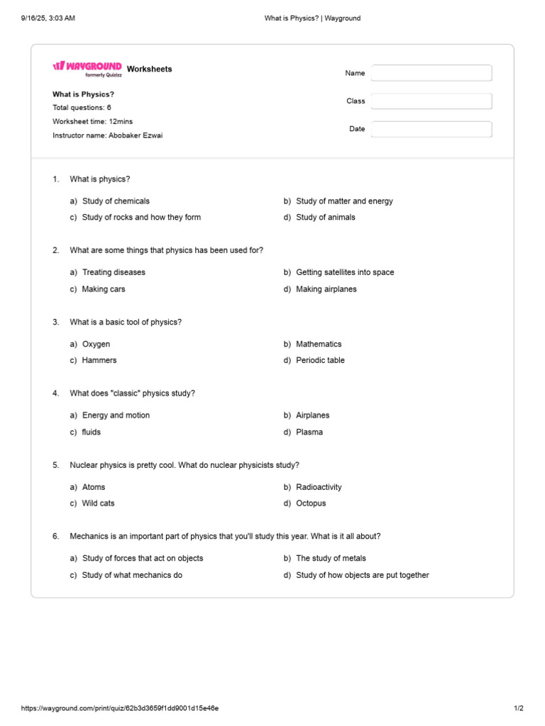 Physics Worksheet for Beginners | PDF