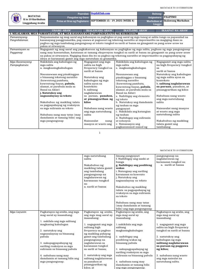 DLL Matatag Filipino 3 q2 w4 | PDF