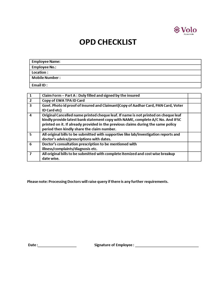 OPD Benefits Claim Submission Checklist | PDF
