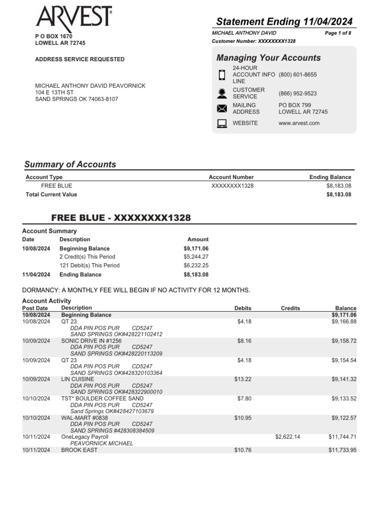 Arvest Free Blue Checking Statement | PDF | Overdraft | Banks