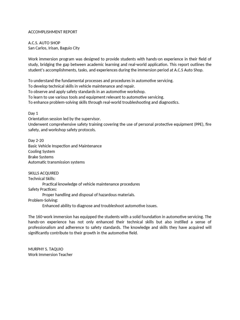 Work Immersion Accomplishment Report | PDF