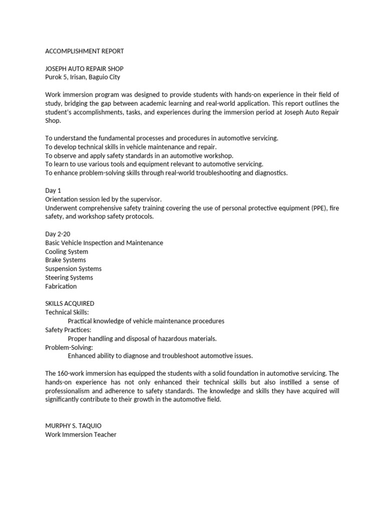 Student Accomplishment Report: Auto Repair | PDF
