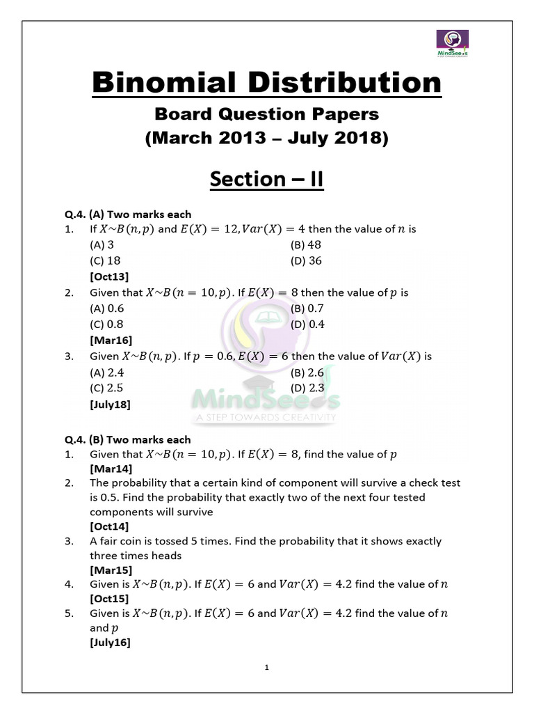 Binomial Distribution Exam Questions | PDF | Multiple Choice | Probability