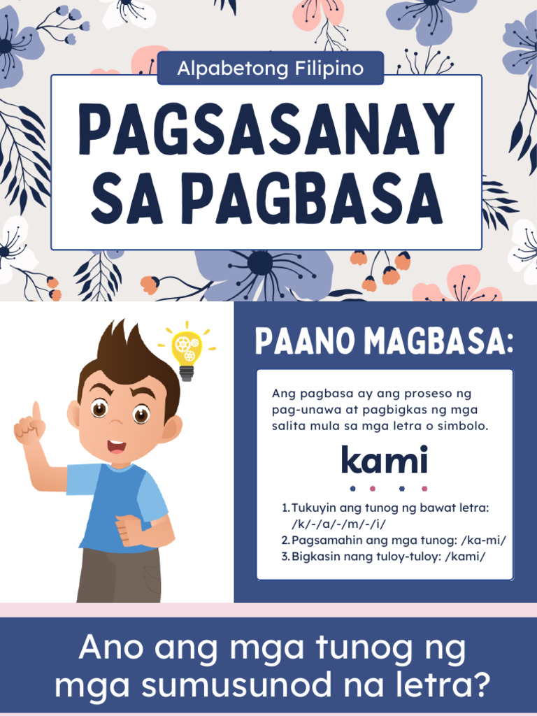 Pagsasanay Sa Pagbasa Alpabetong Filipino Presentation in Colorful Illustrative Style | PDF