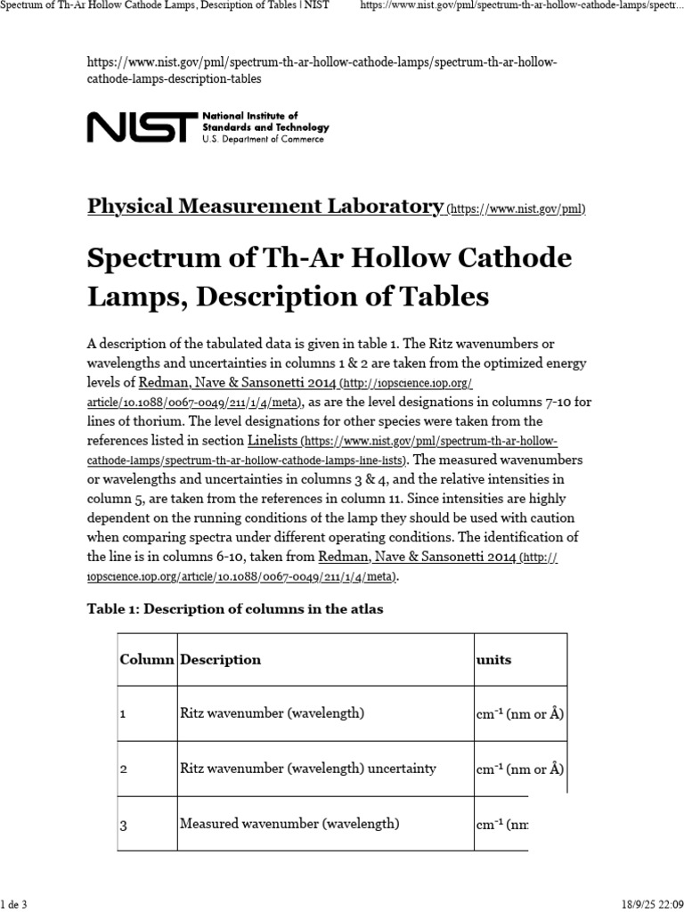 Spectrum of Th-Ar Hollow Cathode Lamps, Description of Tables - NIST ...
