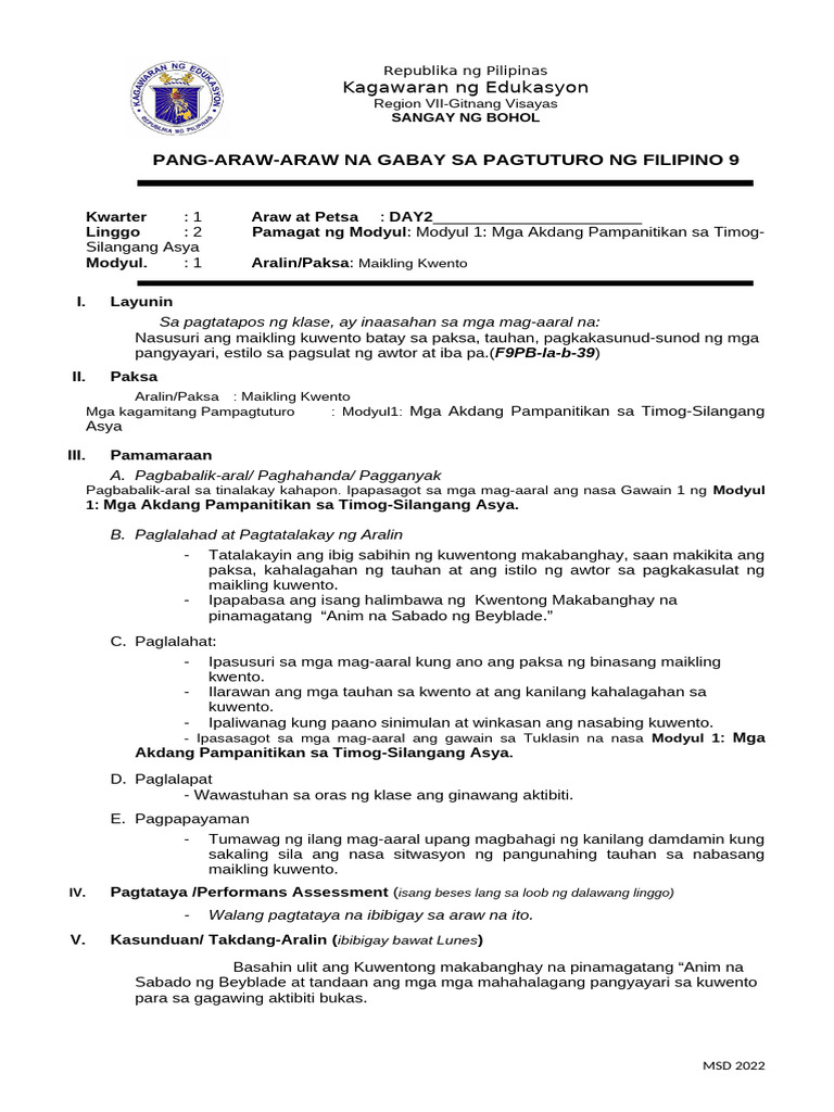 Daily Lesson Guide Sa Filipino 9 q1 Wk2 Day1 | PDF