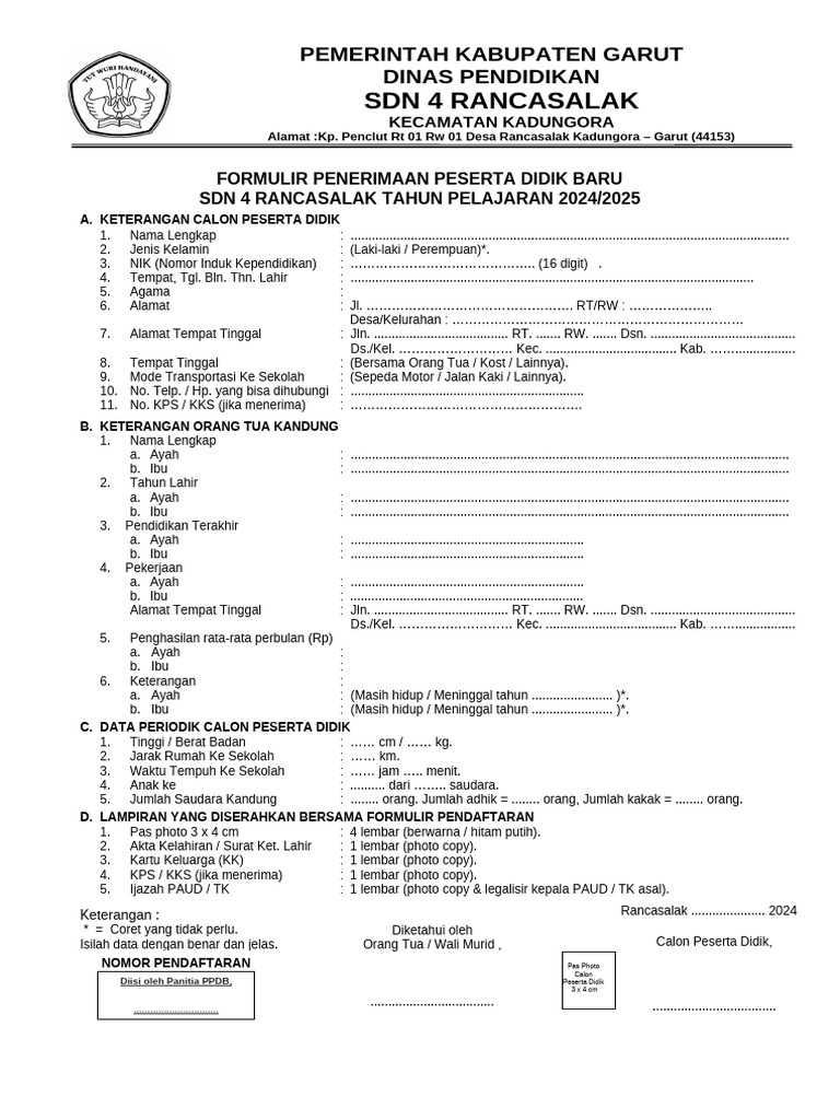 Formulir PPDB SDN 4 Rancasalak 2024 | PDF