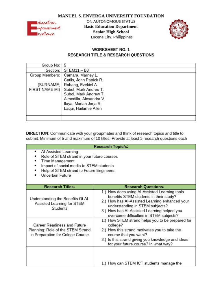 STEM Research Topics and Questions | PDF | Science, Technology ...