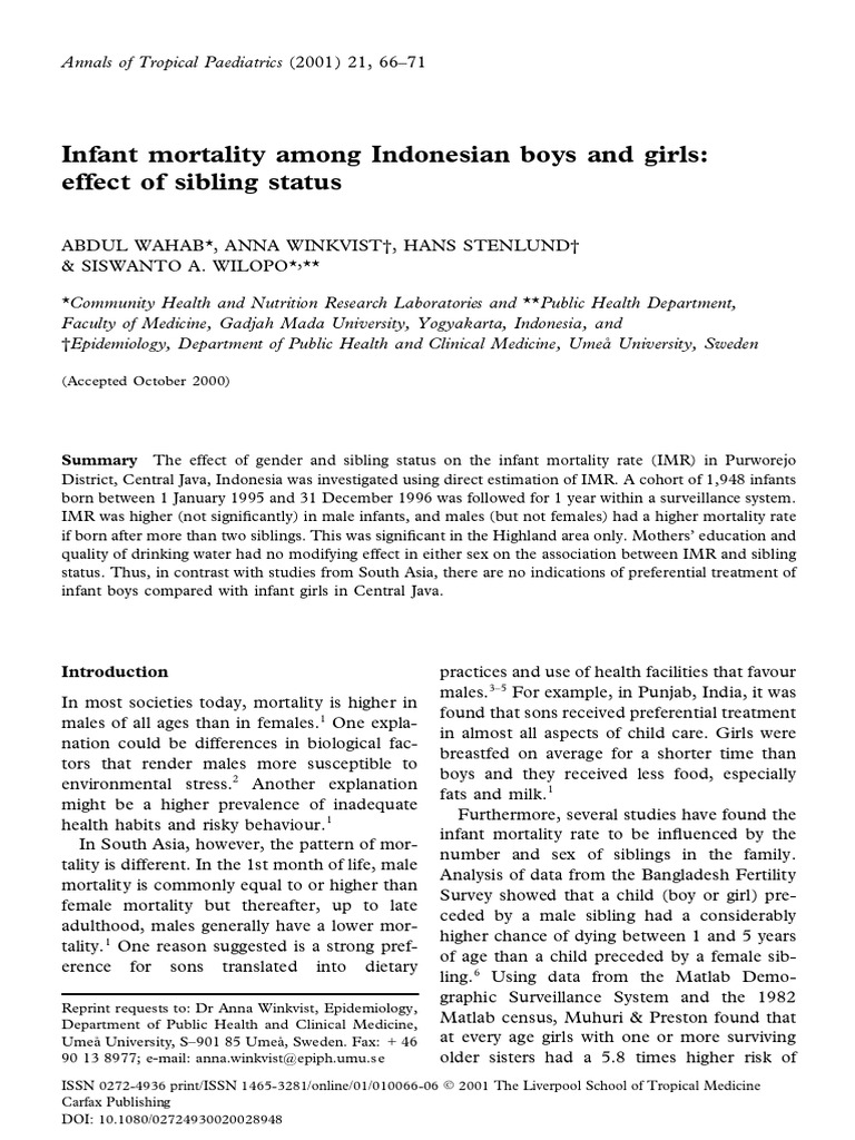 2001 Aw Infant Mortality Among Indonesian Boys And Girls Pdf Family