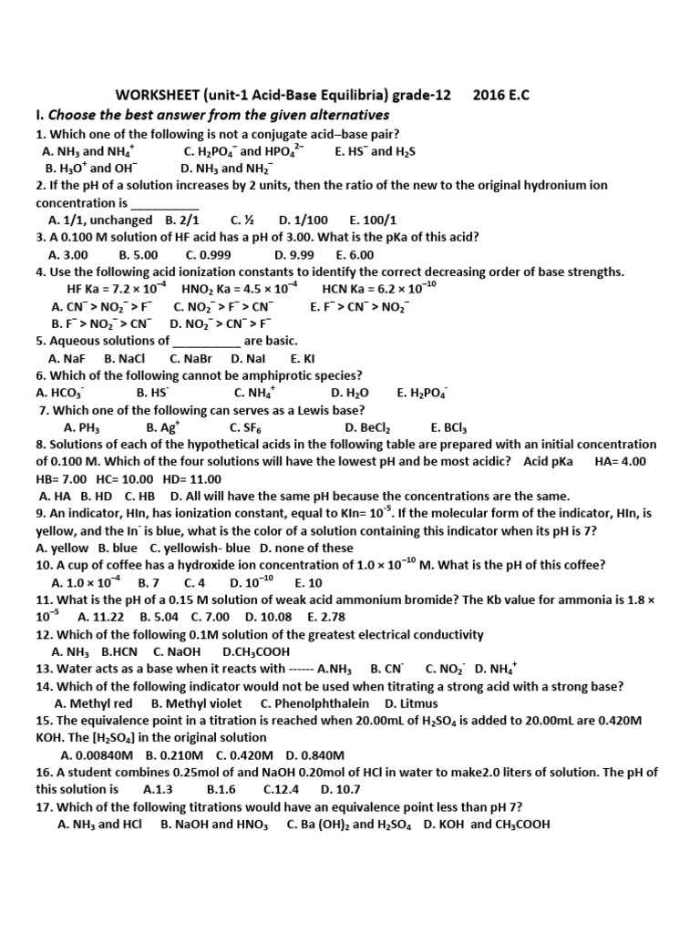 Grade 12 Acid-Base Equilibria Worksheet | PDF | Acid | Ph