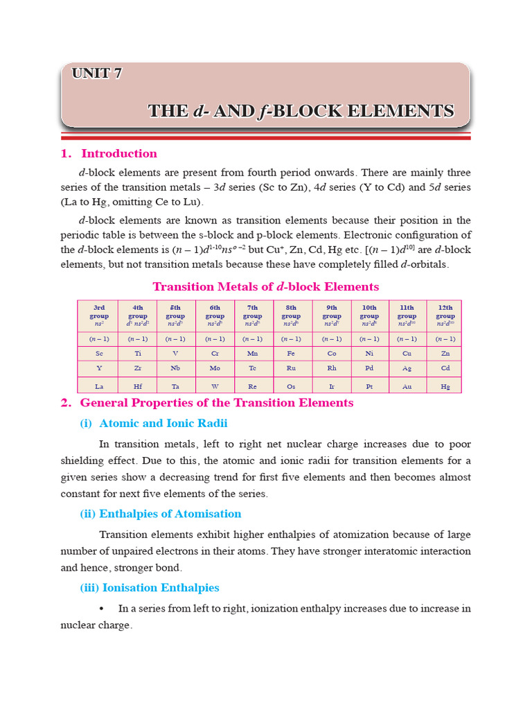 CBSE Class 12 Chem Notes Question Bank The D and F Block Elements PDF 1 ...