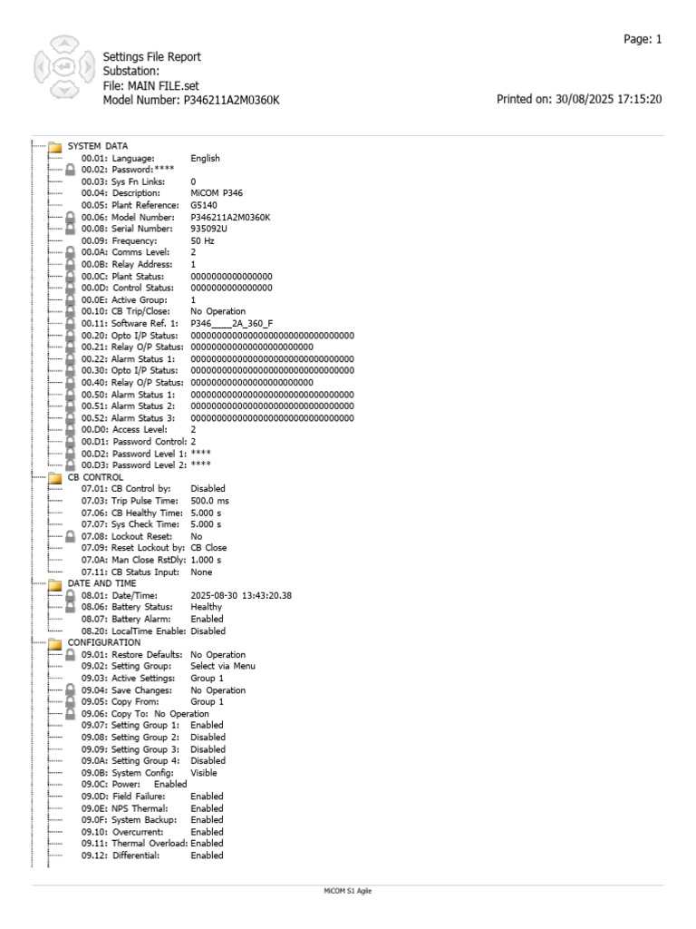 MiCOM P346 Settings File Report | PDF | Electrical Engineering ...