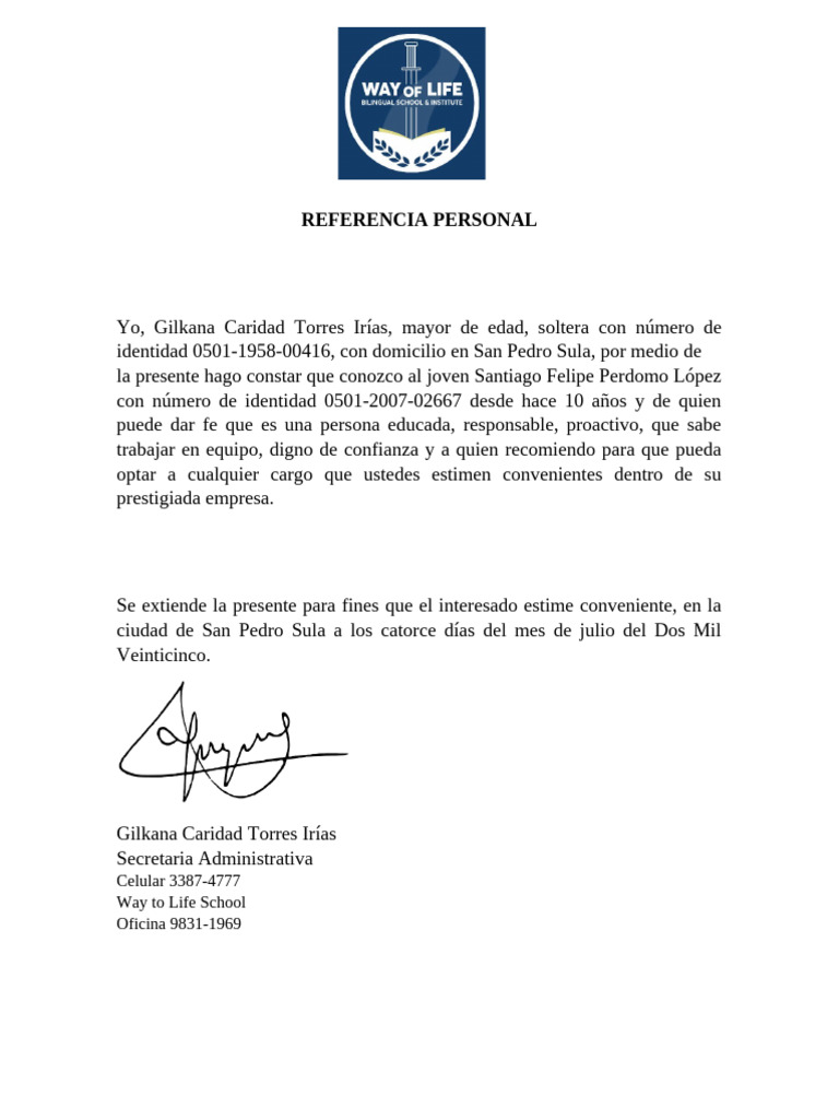 Referencia Personal para Santiago Perdomo | PDF