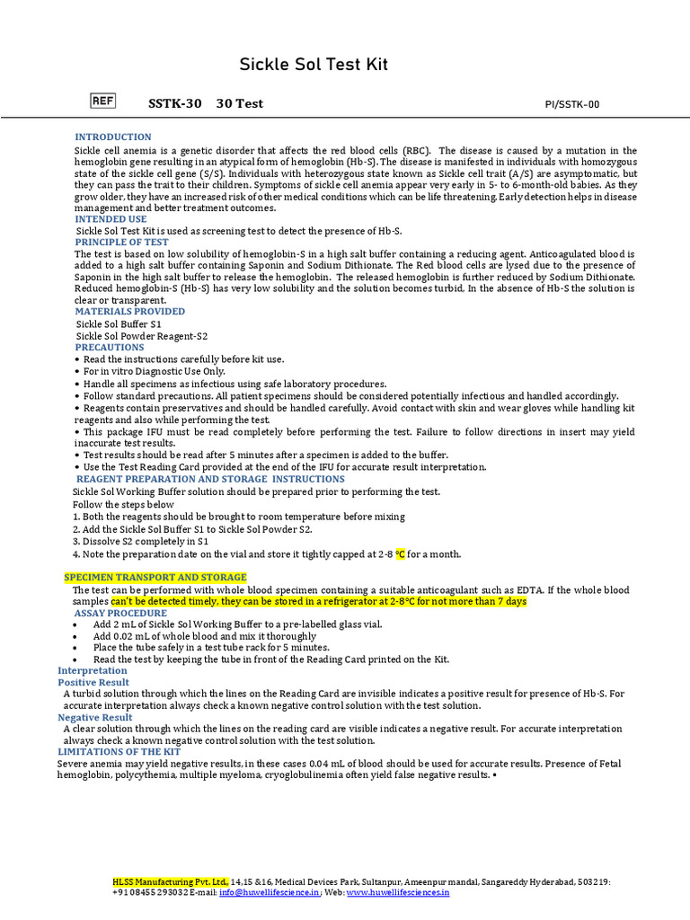 Sickle Cell Solubility Test IFU (Sarita) | PDF | Diseases And Disorders ...