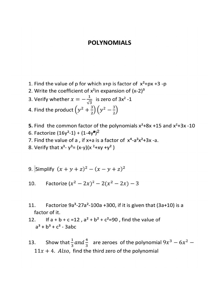 Polynomial Practice Sheet | PDF