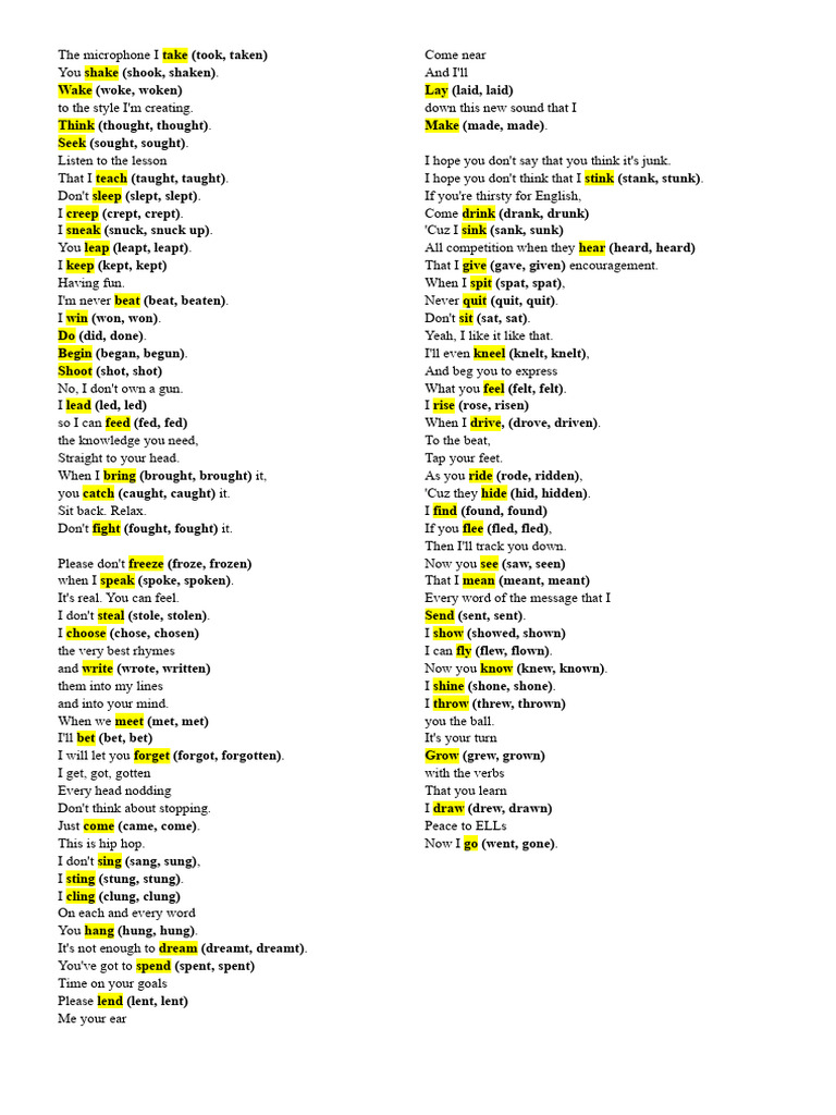 Irregular Verbs Hip Hop Song Lyrics | PDF