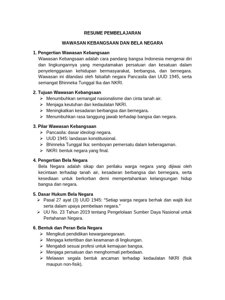 Resume Wawasan Kebangsaan Dan Bela Negara | PDF