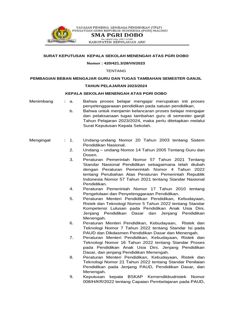 Baru SK Beban Mengajar Semester Ganjil 20222023 | PDF