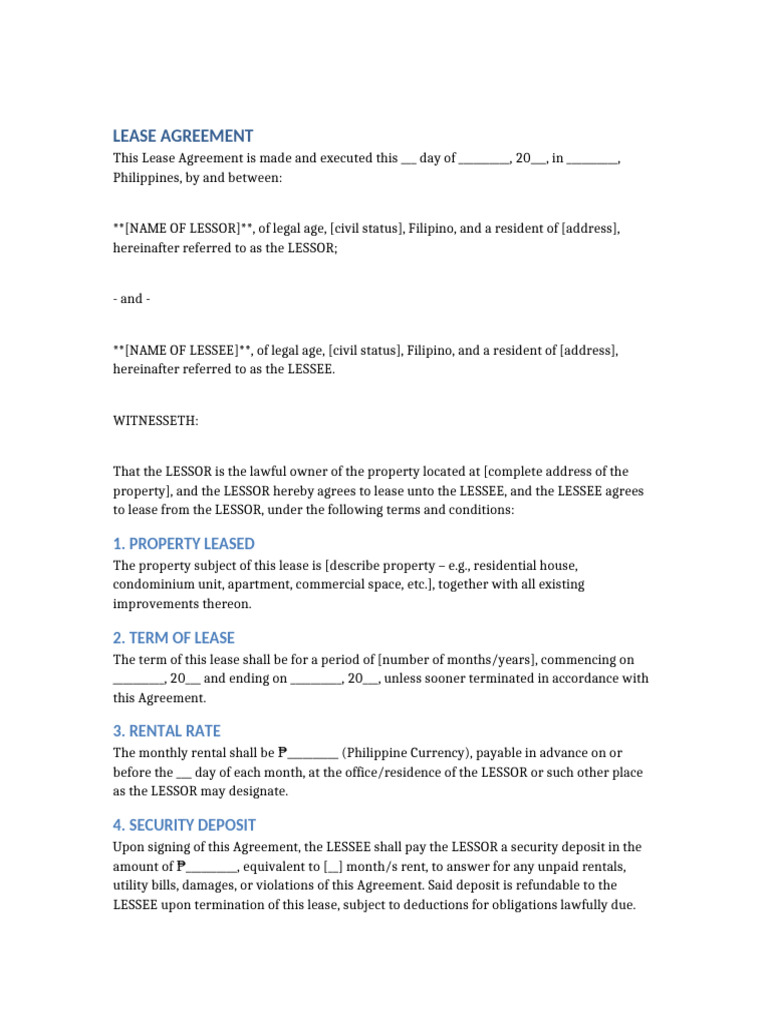 Lease Agreement Template Philippines | PDF | Lease | Real Property Law