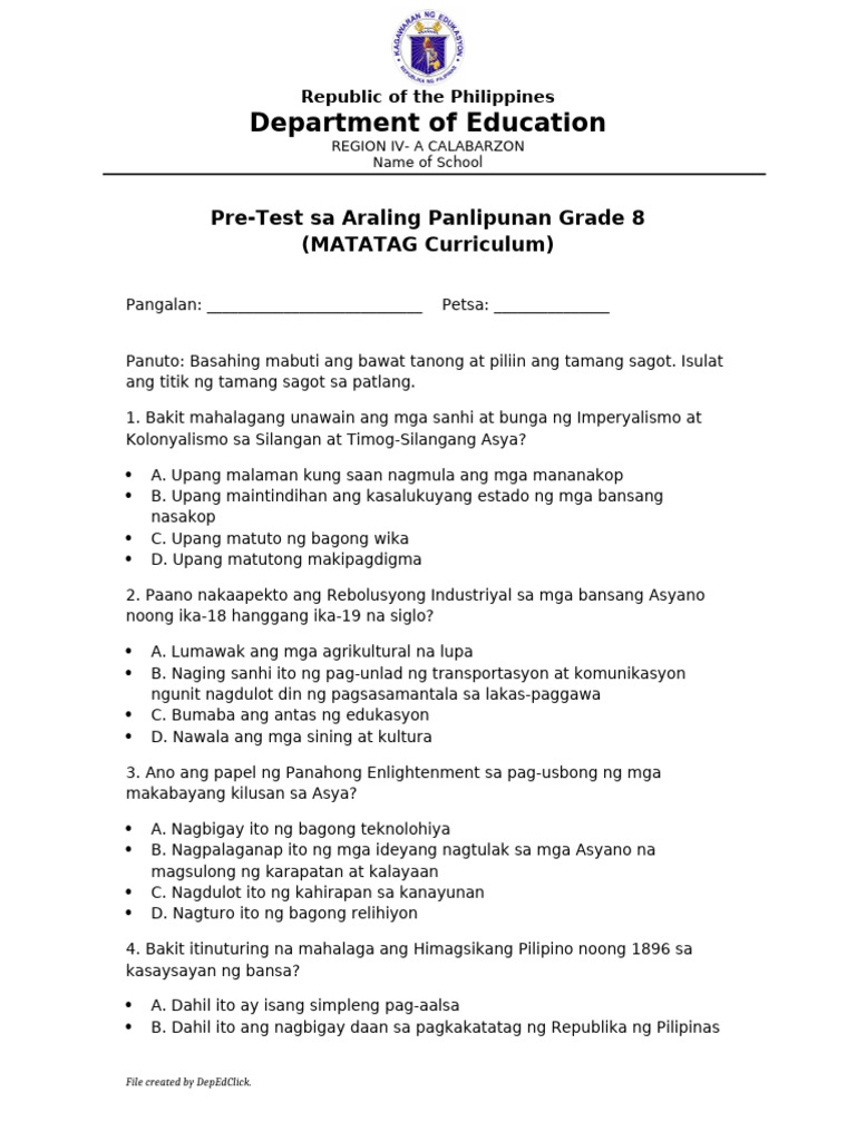 AP Grade8 PreTest DepEdClick | PDF
