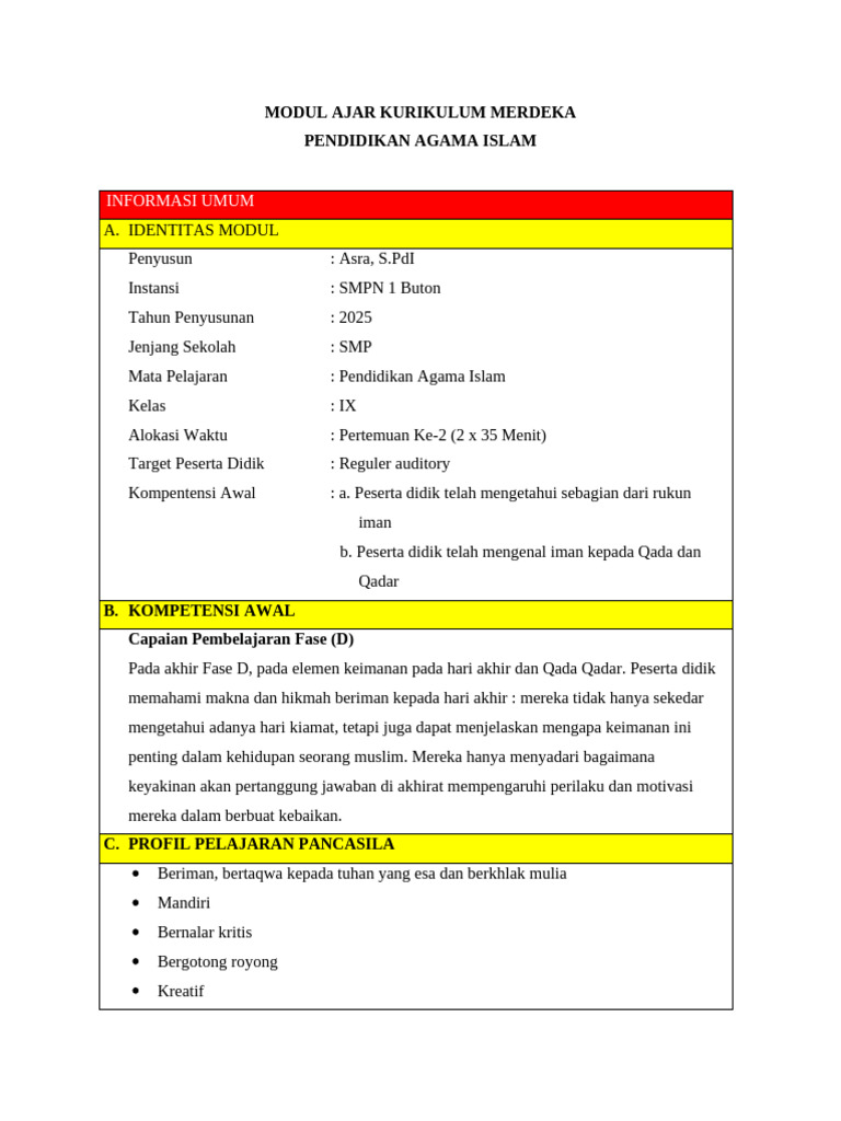 MODUL AJAR KURIKULUM MERDEKA ASRA, S.Pdi | PDF