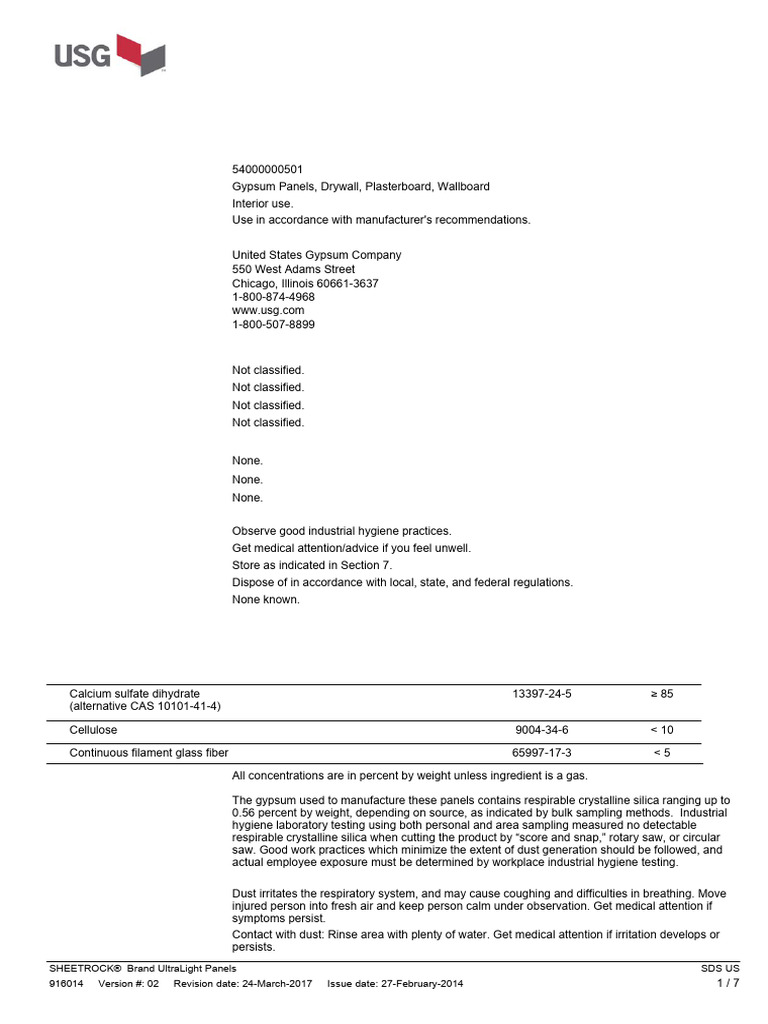 Usg Sheetrock Ultralight Panels Sds en 54000000501 | PDF | Fiberglass ...