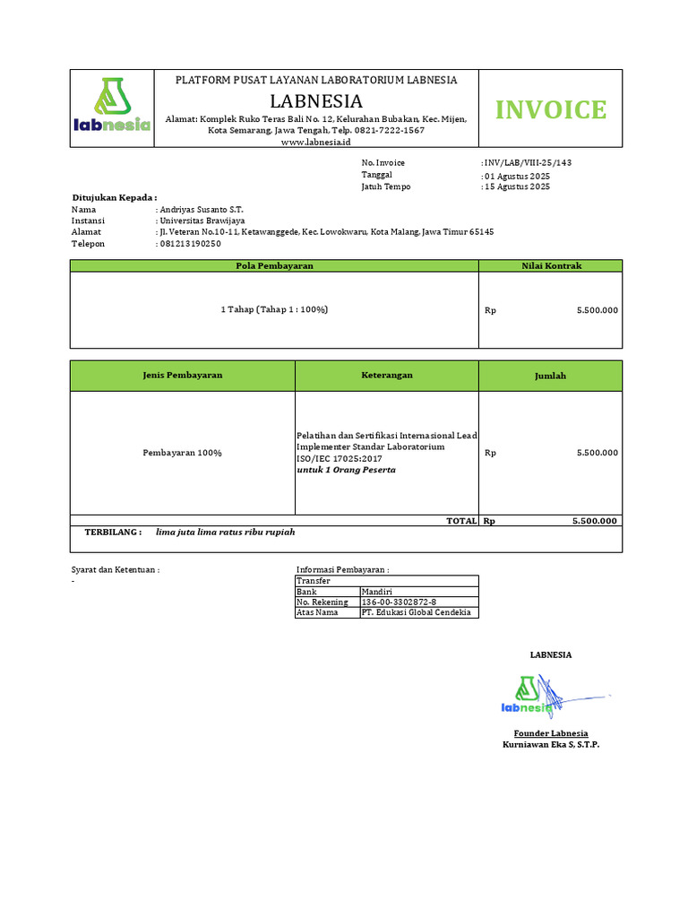 Inv Labnesia-143-Ub A.N Andriyas Susanto S.T. | PDF