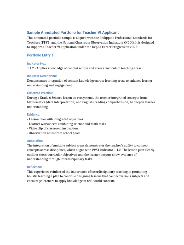 Sample Annotated Portfolio TeacherVI | PDF