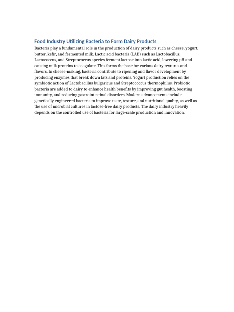 Food Industry Utilizing Bacteria To Form Dairy Products | PDF