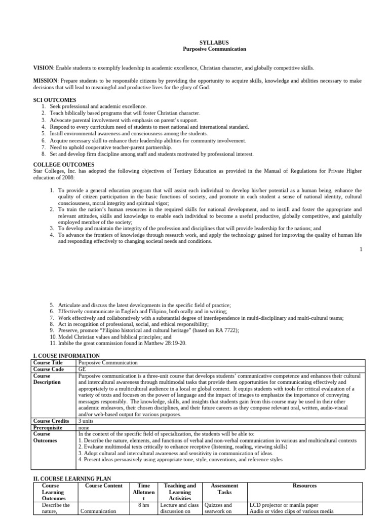 Purposive Communication Course Syllabus | PDF | Communication | Human ...