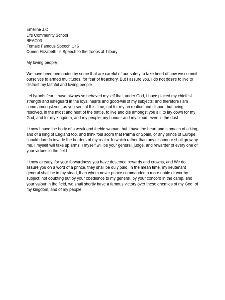 Queen Elizabeth I's Speech To The Troops at Tilbury - Emeline JC-1 | PDF