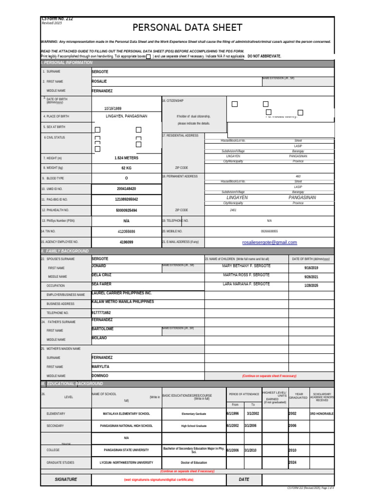 CS Form No. 212 Revised 2025 Personal Data Sheet | PDF | Learning