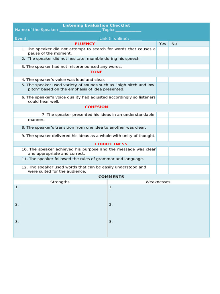 ENGLISH 10 Listening Evaluation Checklist | PDF