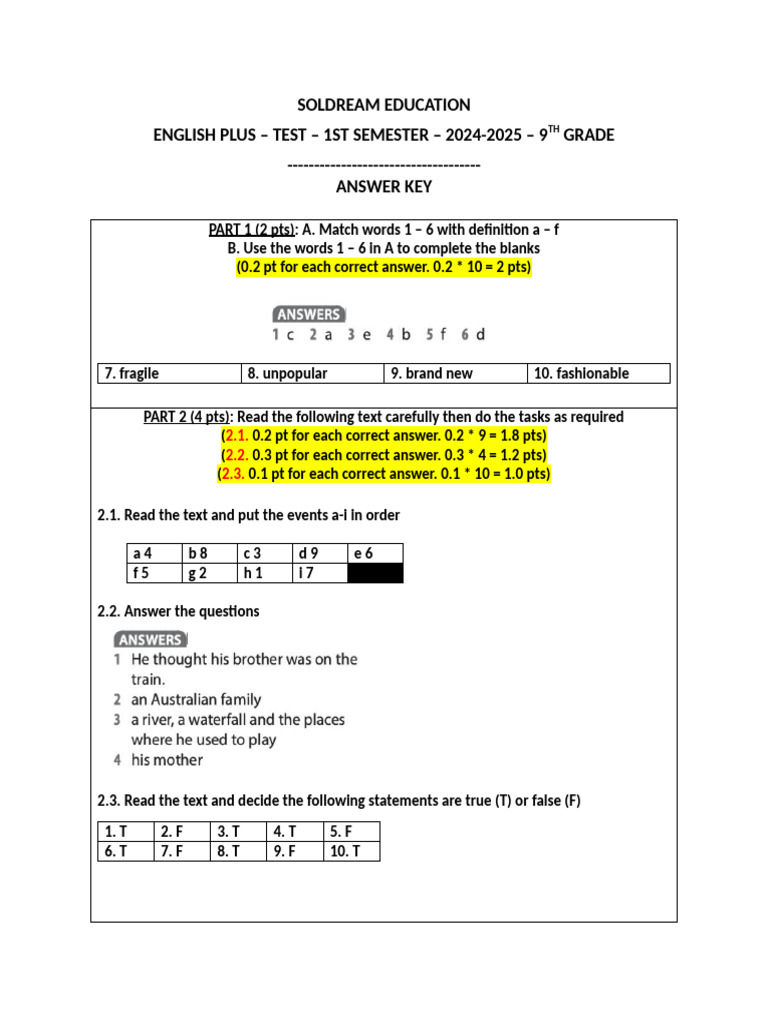 9th Grade English Test - 1st Semester | PDF