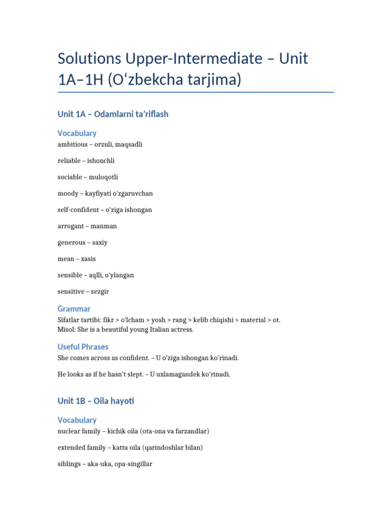 Solutions Upper Intermediate Unit1 UZ | PDF | Semantic Units | Semantics