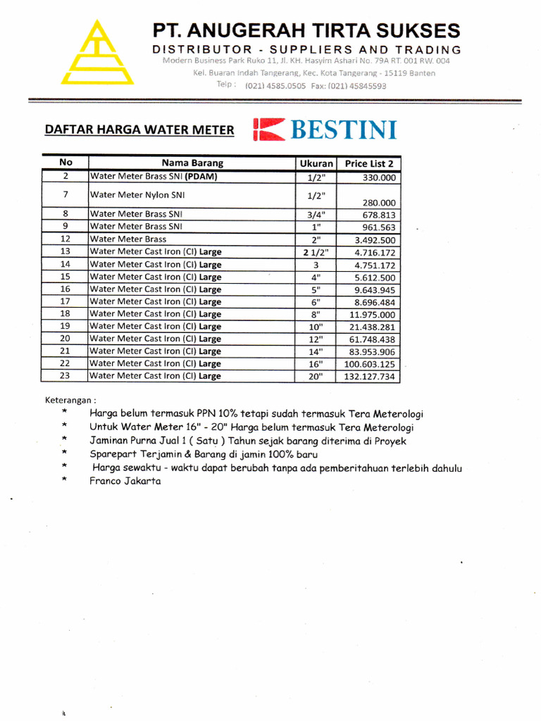 Daftar Harga Price List Watermeter Bestini 2021 | PDF