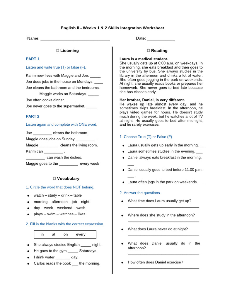 English II Skills Integration Worksheet | PDF | Workweek And Weekend ...