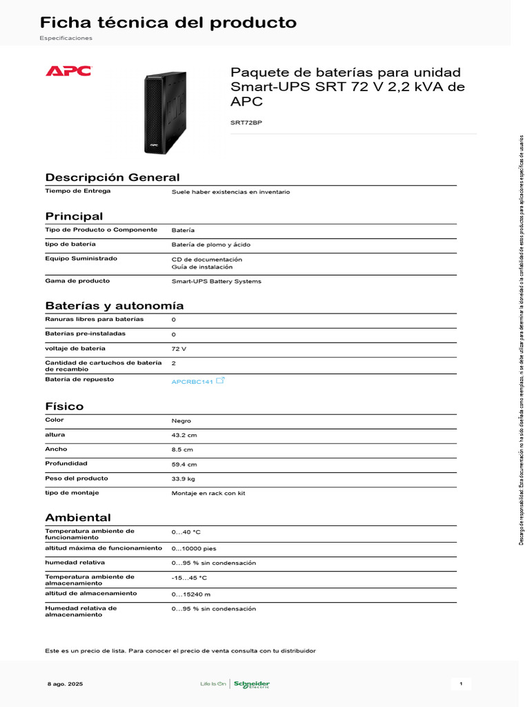 Schneider Electric - APC-Sistemas-de-baterías-de-SmartUPS - SRT72BP ...