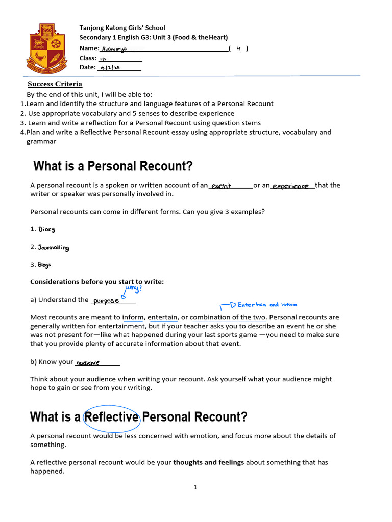 G3 - Personal Recount Structure and Language Features Student Worksheet | PDF | Umami | Seafood