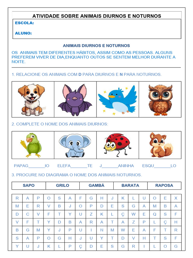Animais Diurnos e Noturnos: Atividades | PDF