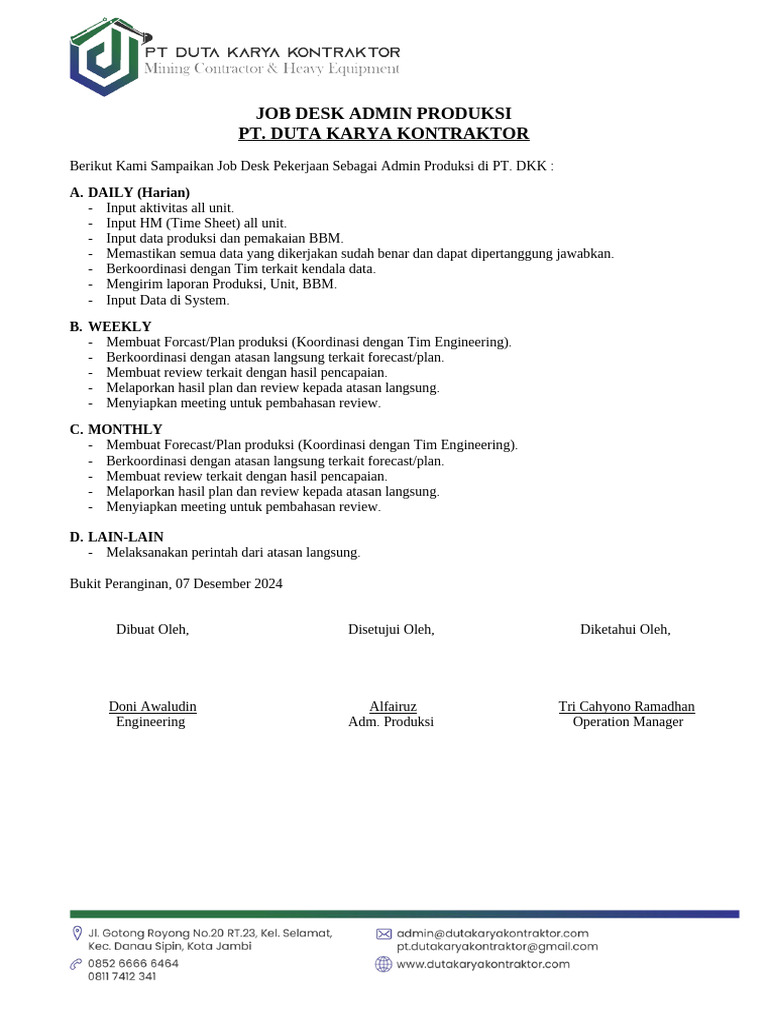 Job Desk Admin Produksi PT Duta Karya | PDF