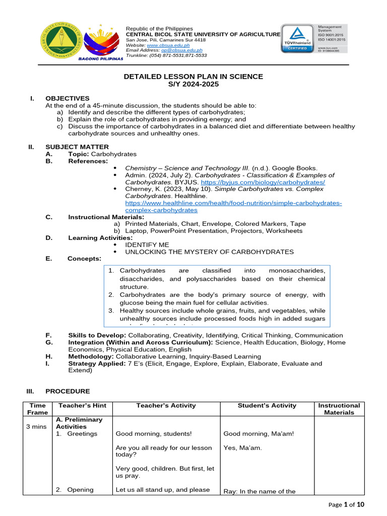 Lesson Plan: Understanding Carbohydrates | PDF | Carbohydrates | Fructose