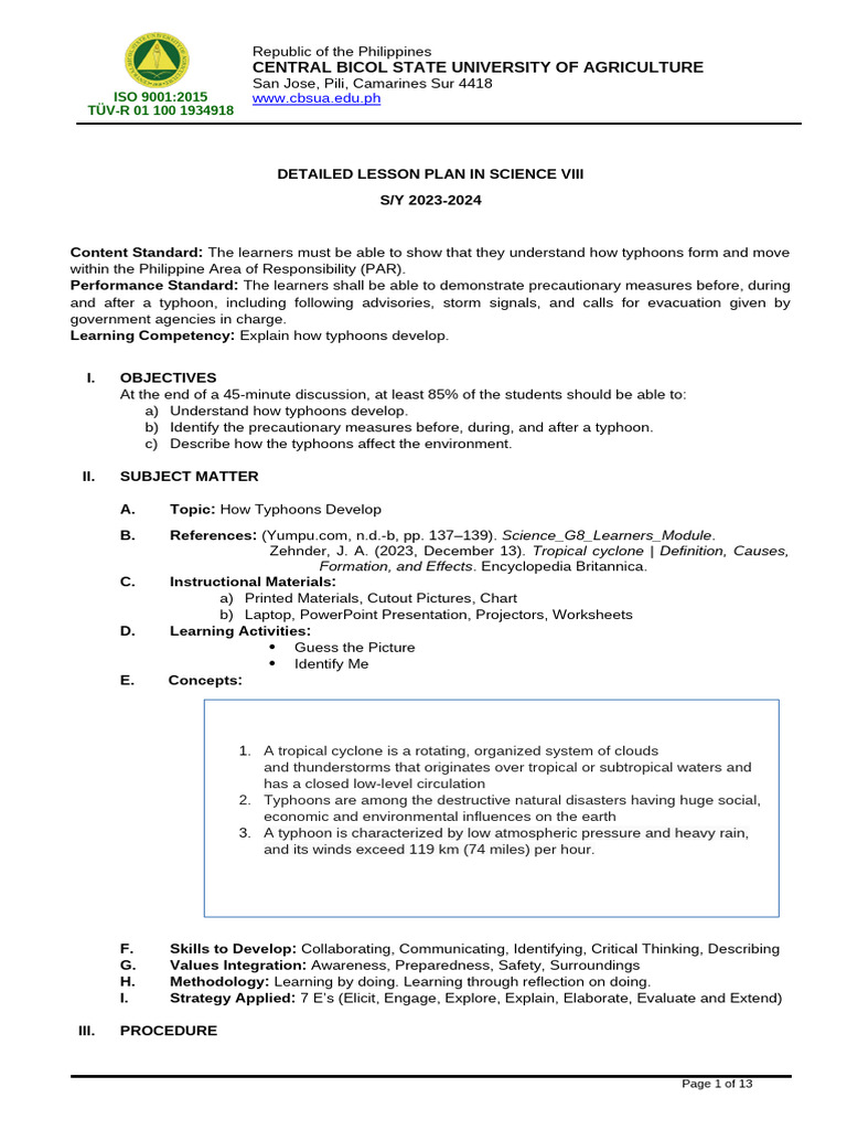 Typhoon Preparedness Lesson Plan | PDF | Tropical Cyclones | Eye (Cyclone)