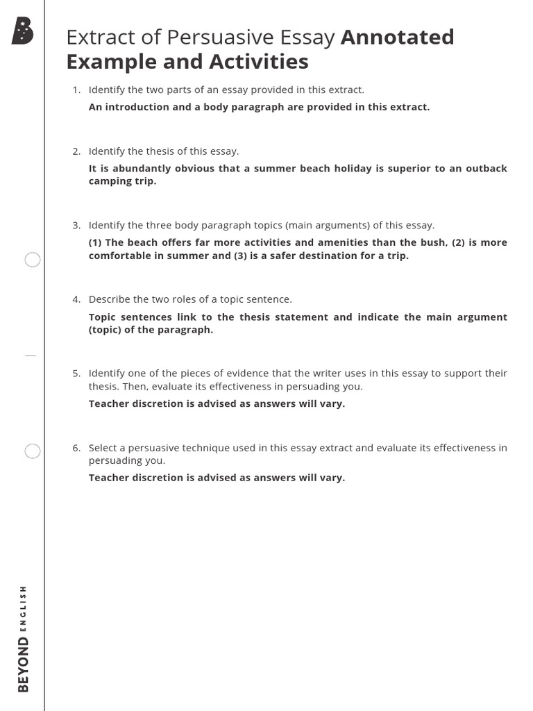 Extract of Persuasive Essay Annotated Example and Activities - Answers ...