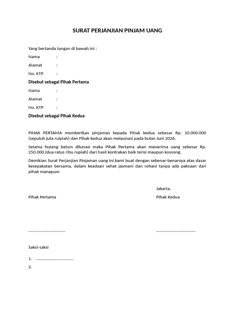 Surat Perjanjian Pinjam Uang Rp 10 Juta | PDF