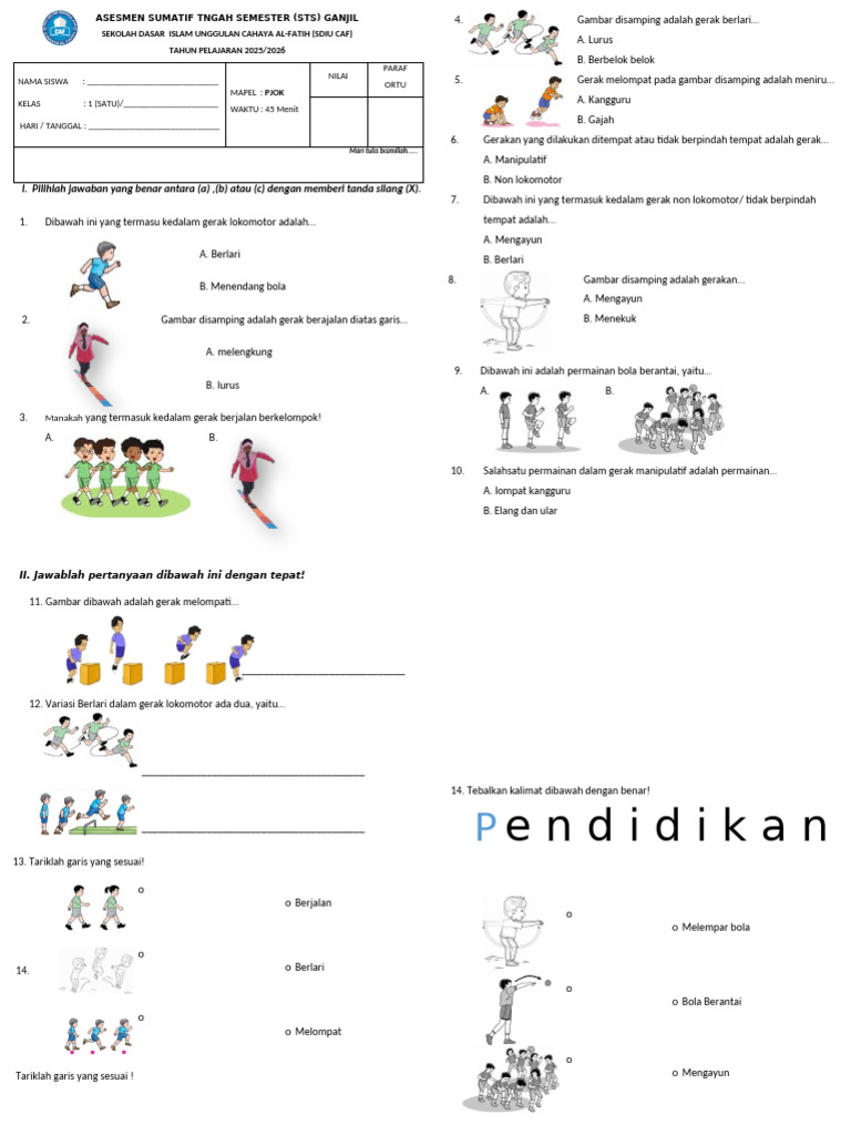 Soal STS PJOK Kelas 1 SDIU CAF 2025 | PDF