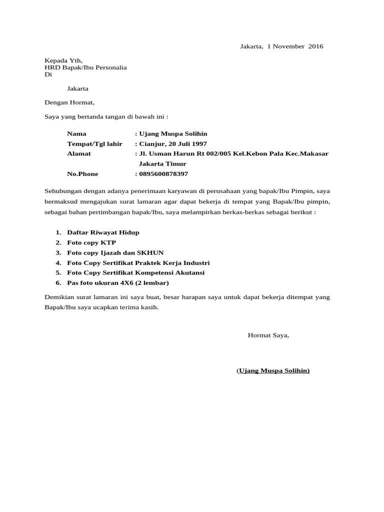 Surat Lamaran Kerja Ujang Muspa Solihin | PDF