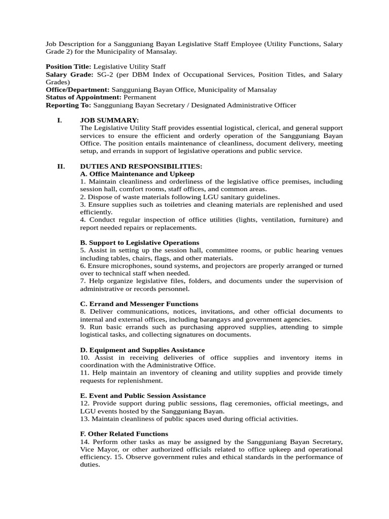 Job Description For A Sangguniang Bayan Legislative Staff Employee ...