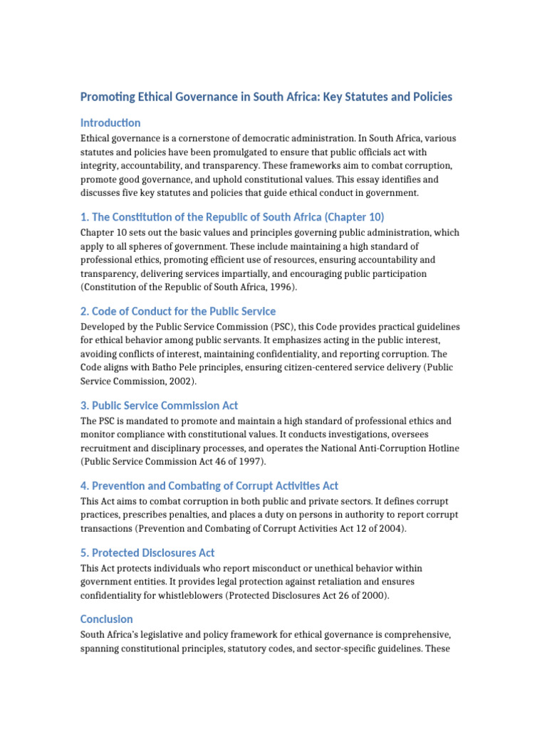 Ethical Governance in South Africa: Key Laws | PDF | Governance ...