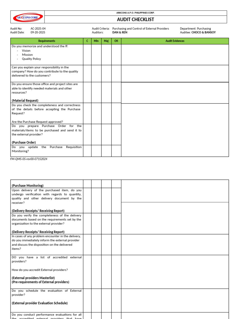 FM QMS 05 Audit Checklist Purchasing S A 04 | PDF | Audit | Business